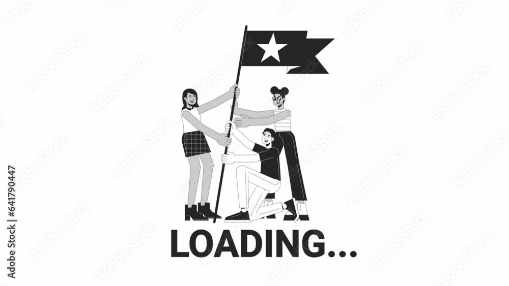 Businesspeople rising flag bw loading animation. Team building fun ...