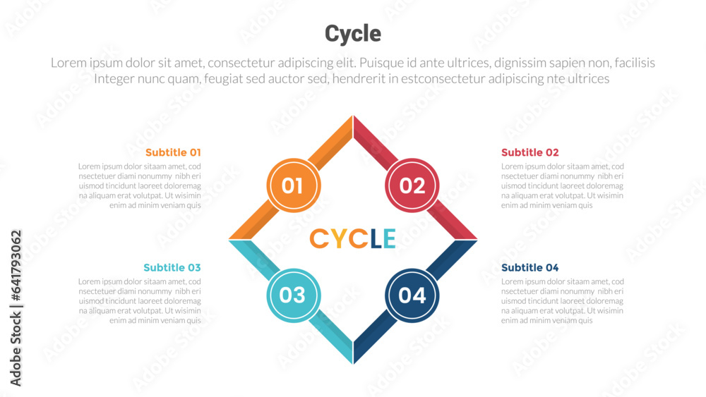 cycle or cycles stage infographics template diagram with rotated square ...