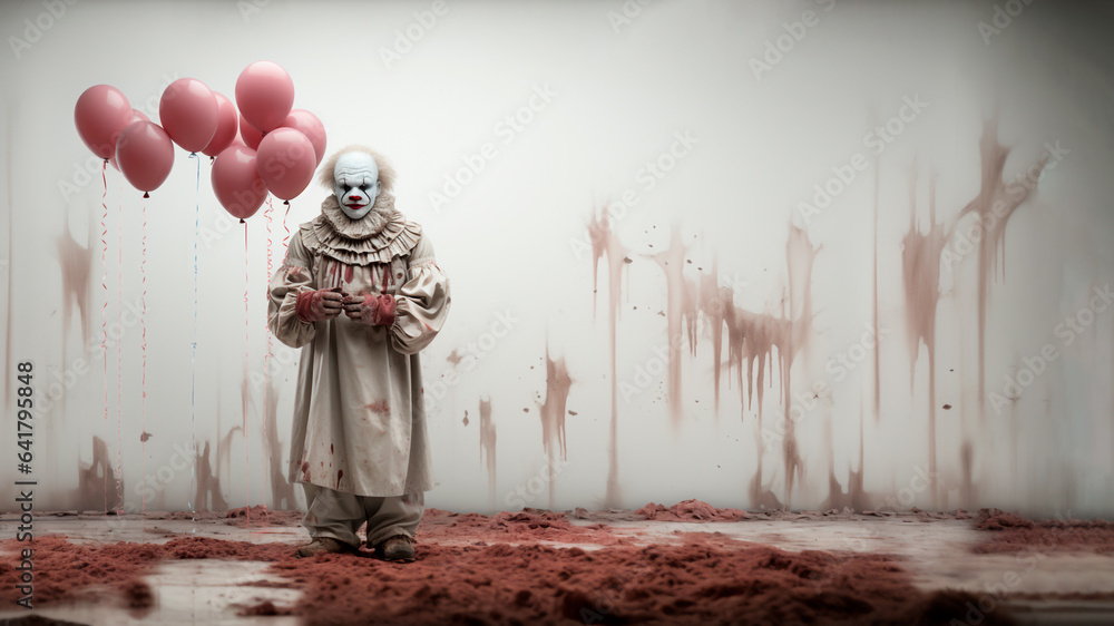 Halloween festivity. Malevolent clown near to the red balloons ...
