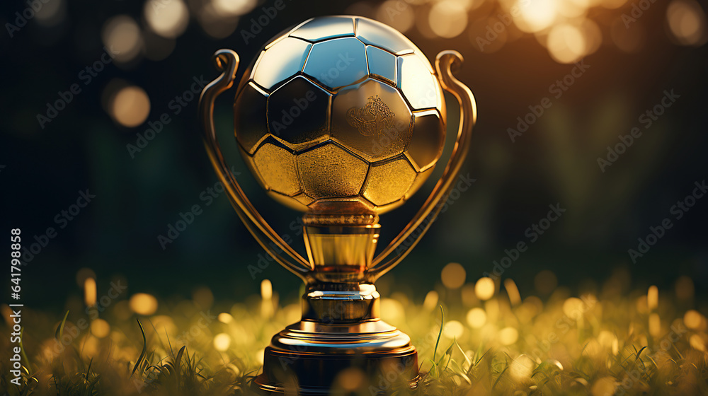 Golden soccer cup reward for victory in football championship on green ...