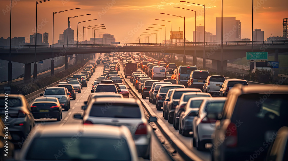 traffic jam with row of cars on highway, during rush hour. Generative ...