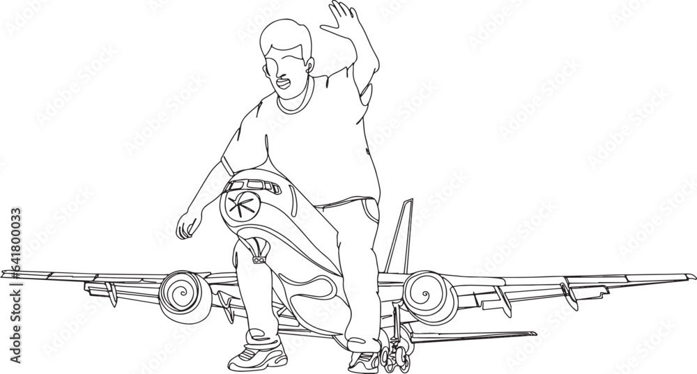 One Line Sketch of Man on Flying Airplane Roof - Funny Cartoon Drawing ...