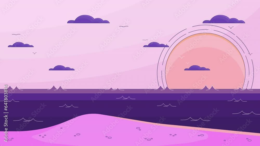 Amazing sea landscape sunset line cartoon animation. Moving clouds ...