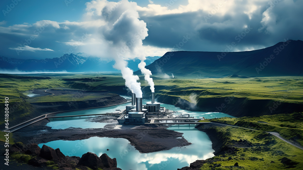 Harnessing Earth's Energy. Geothermal Power Plant with Billowing Steam. Generative AI Stock ...