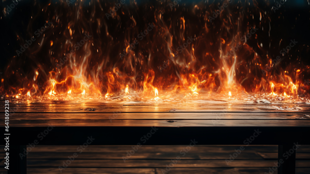 Wooden empty restaurant rustic table on a fire flame burning background ...