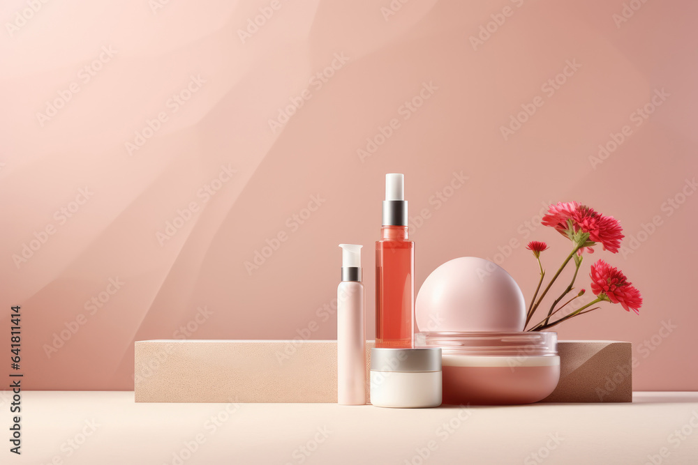 a beautiful display of cosmetics and flowers on the table. The ...