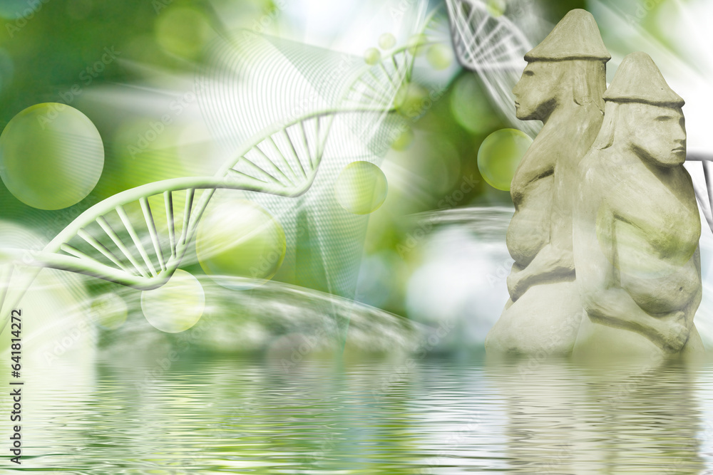 image of ancient cult figures and stylized DNA chains and their ...