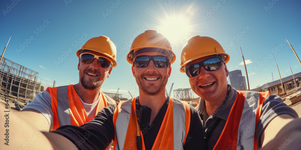 Smiling construction workers looking at a smartphones or a tablet at a ...