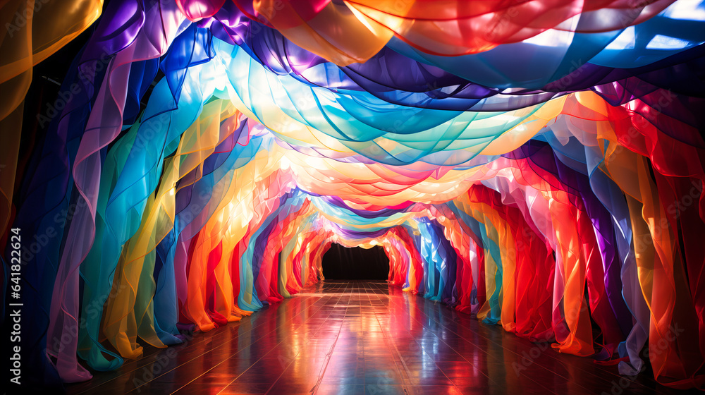 Rainbow-colored streamers arching gracefully across a space, creating a ...