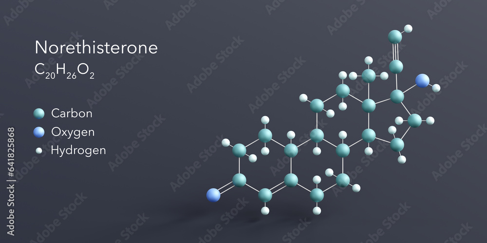 norethisterone molecule 3d rendering, flat molecular structure with ...