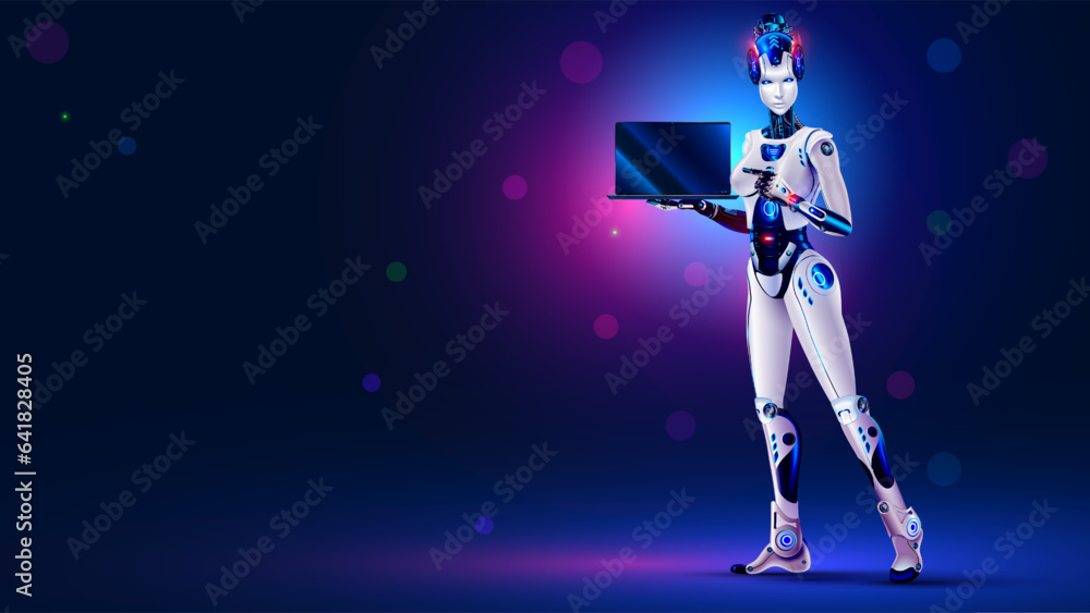 Robot woman standing on scene with laptop. Artificial intelligence or ...