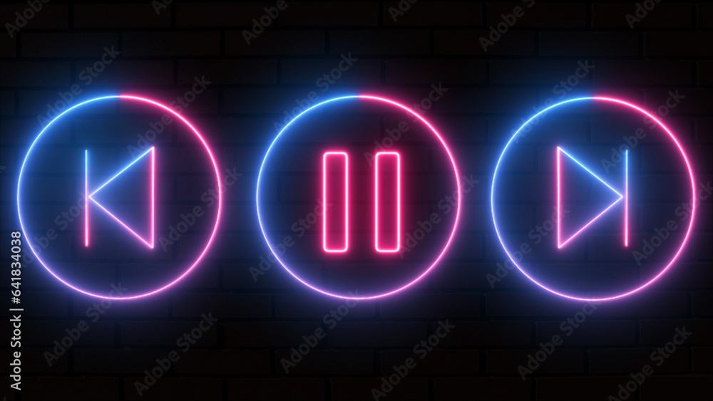 Glowing neon sounds play, and next and previous arrow button symbols ...