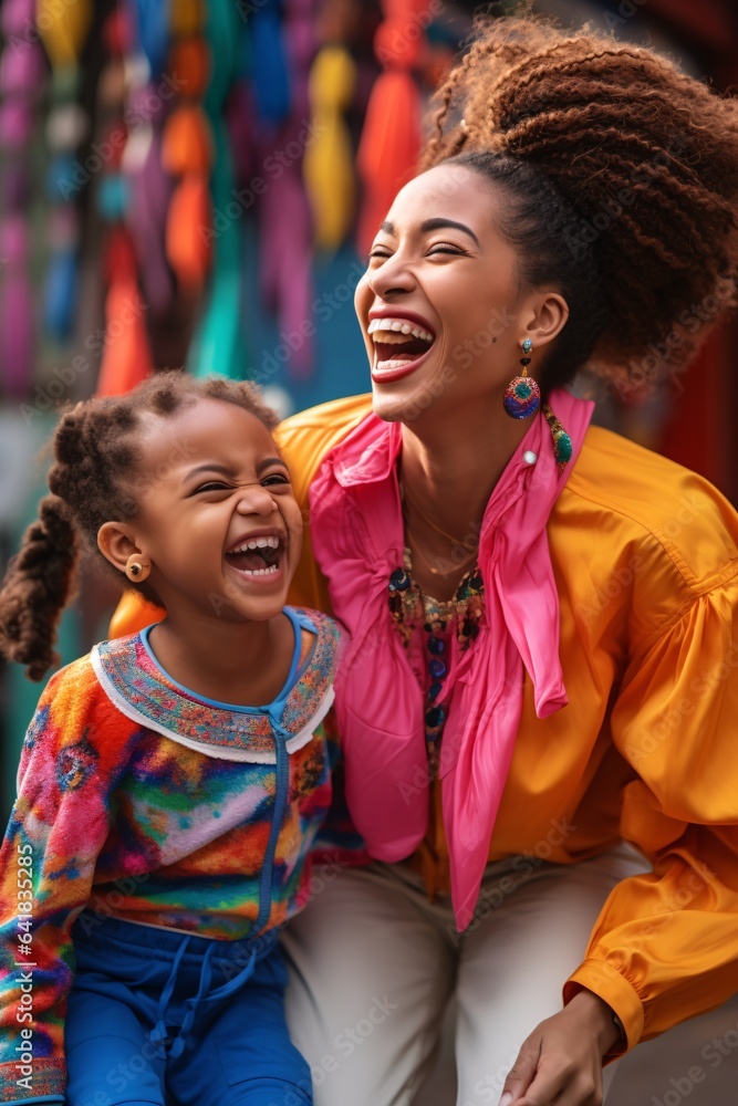 A delightful image of a mother and daughter in bright clothes engaging ...