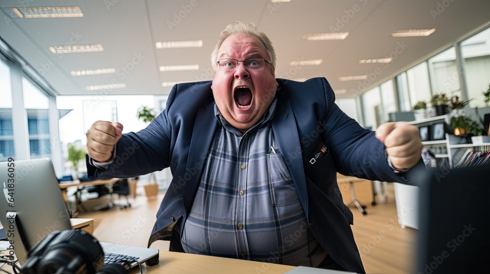Overweight stressed man screaming in the office. Stock Illustration ...