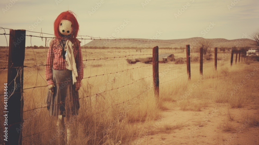 Creepy red hair scarecrow with horribly ugly face ready to frighten ...