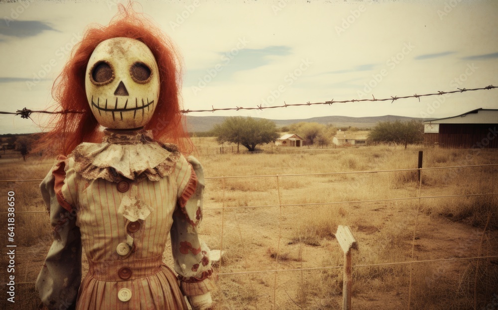 Creepy red hair scarecrow with horribly ugly face ready to frighten ...