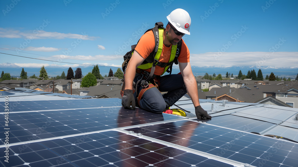 Solar panel installer mounting photovoltaic panels on a rooftop ...