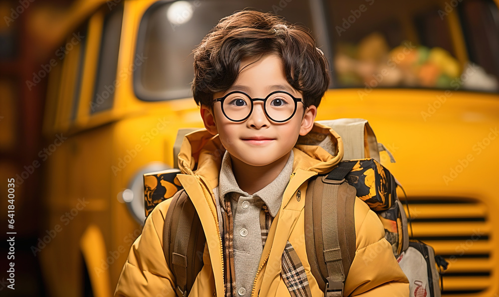 Chinese first-grader in glasses with a school satchel. Back to School ...