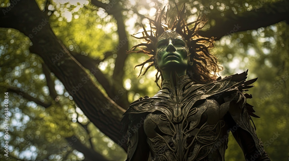 Capture a model in a green, nature-themed mask and costume, posed among ...