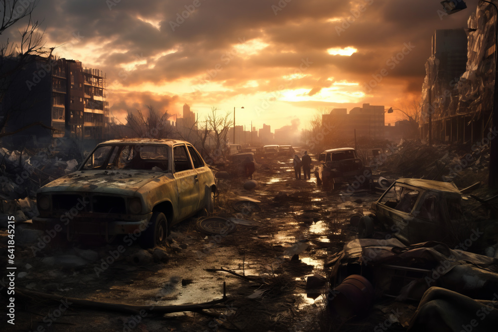 Detailed destruction of fictitious city with debris and collapsing ...