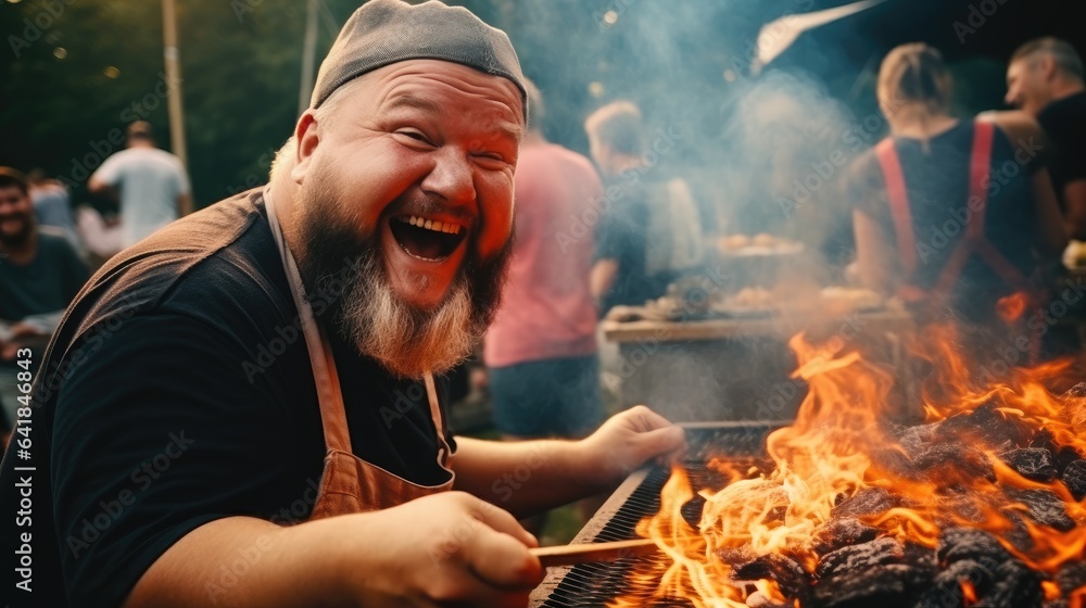 Funny and crazy smiling man busy at the barbecue cooks the most ...