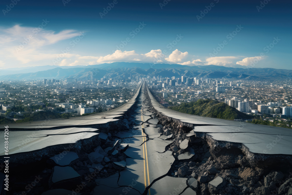 cracked road crossing a large vast skyline city. seismic ruptures ...