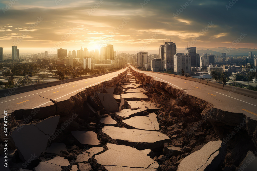 a huge crack in the center of the earth. highway leading to a sunset ...