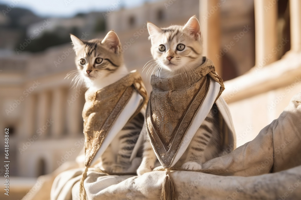 Cats sit on the steps of an ancient temple in ancient Roman costumes ...
