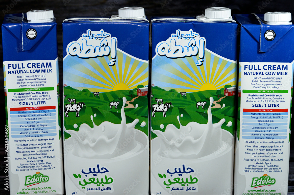 Cairo, Egypt, August 30 2023: Eshta full cream fresh cow's milk carton ...