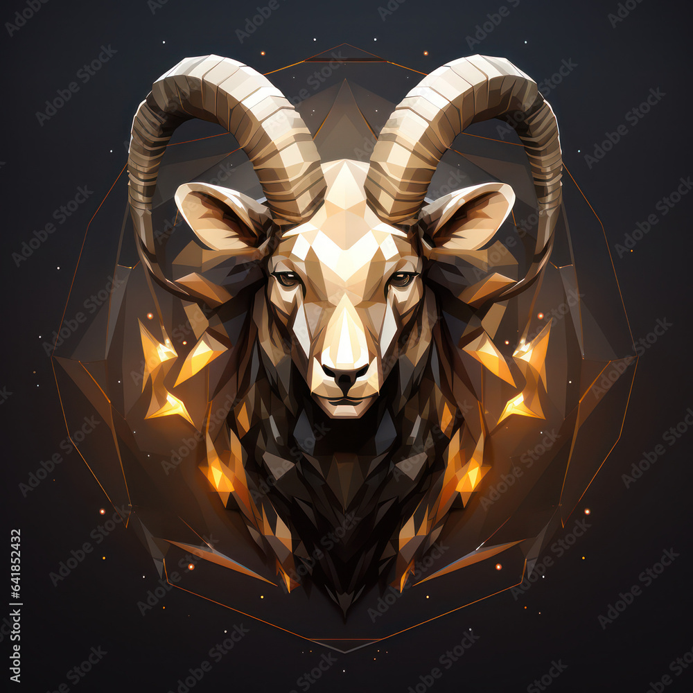 Zodiac sign capricorn head in 3d low poly illustration with glowing ...