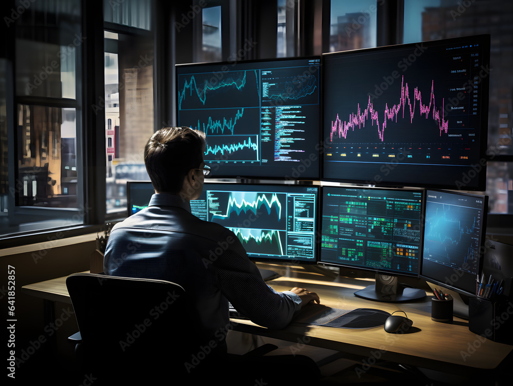 Financial Analyst Immersed In Data Analysis Multiple Monitors