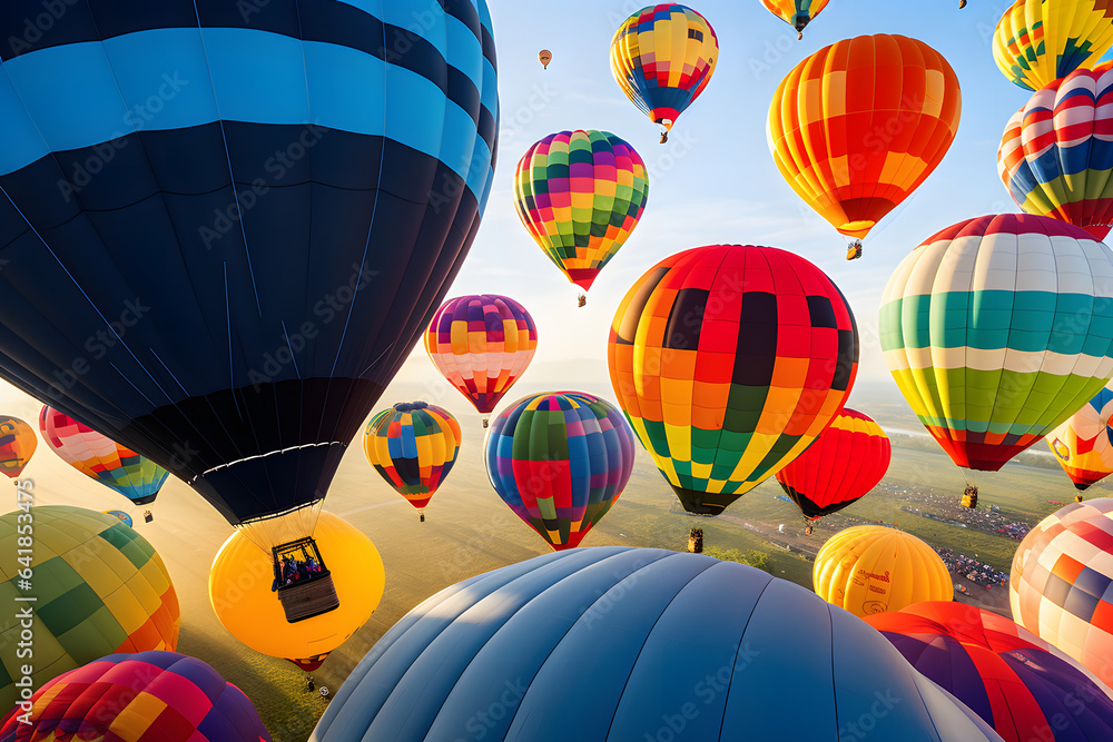 Overhead shot of a colorful hot air balloon festival balloons in ...