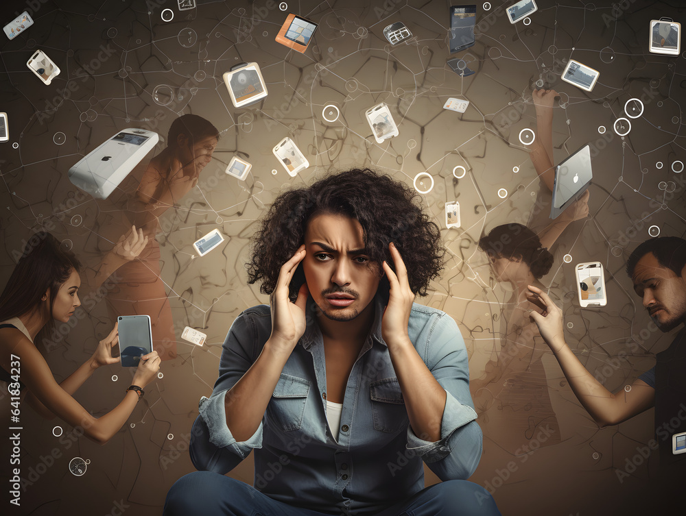 Young adult shielding their face from a barrage of digital hate icons ...