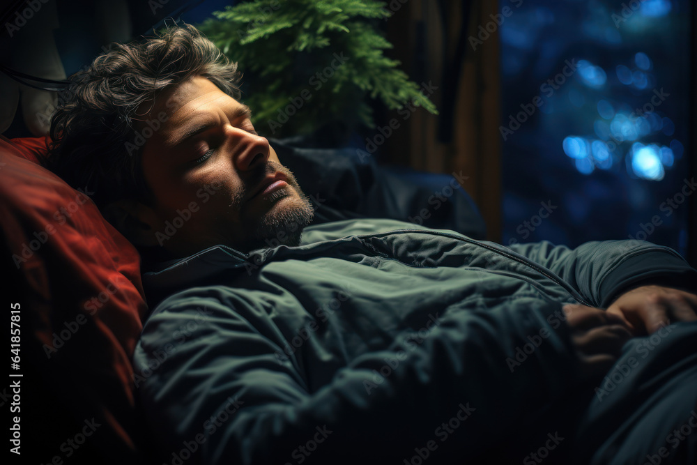 Restorative Sleep. Person sleeping soundly in a comfortable bed ...