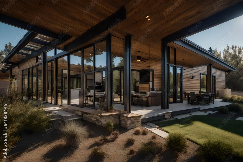 Contemporary ranch-style house with a single-story layout and an open ...