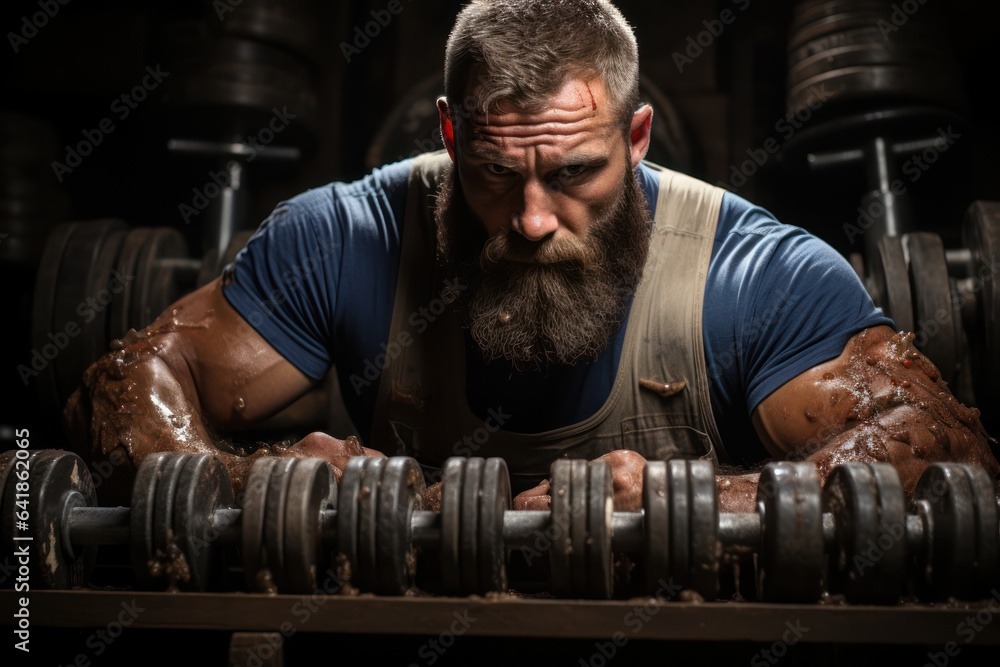Pushing Limits. A weightlifter lifts an impressive load, symbolizing ...