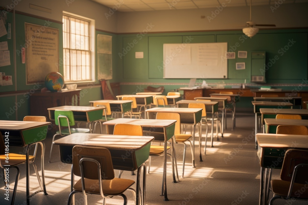 Empty classroom in an elementary school waiting to receive the students ...
