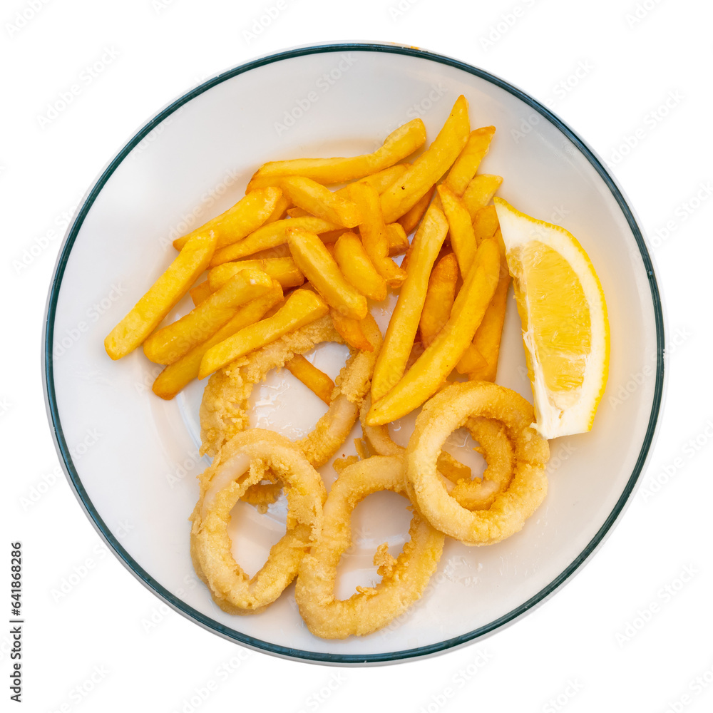 Calamar a la romana, crispy golden deep-fried squid rings coated in ...