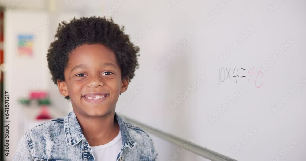 Math class, portrait of child at board for education, learning and ...