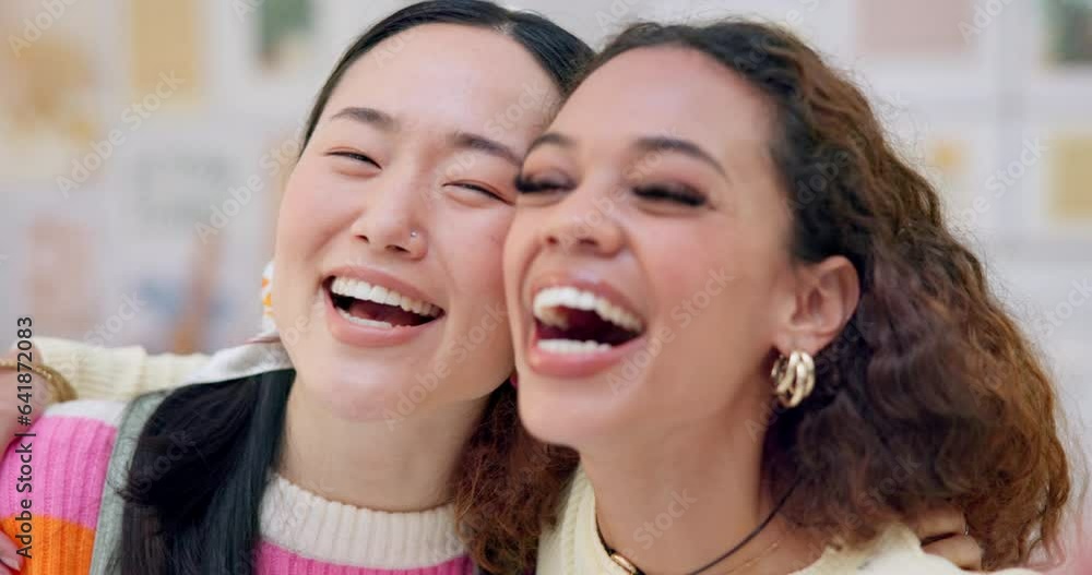 Girl friends, selfie and home with peace sign, kiss or funny face for ...