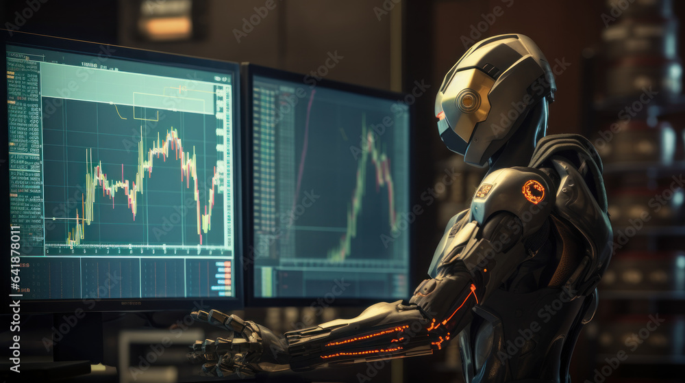 Robot trading on candlestick chart of a computer screen using Artificial Intelligence Stock ...