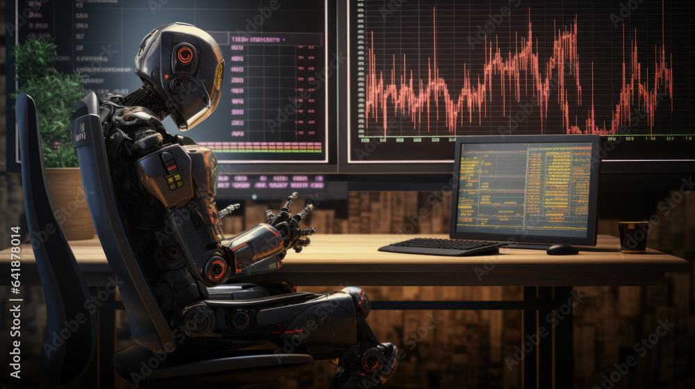 Robot trading on candlestick chart of a computer screen using Artificial Intelligence Stock ...