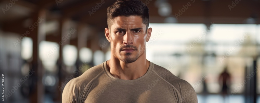 Determined Hispanic male with bulging biceps wide stance facing forward ...