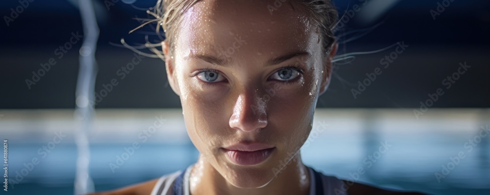 A white female synchronized swimmer in a closeup portrait her eyes ...
