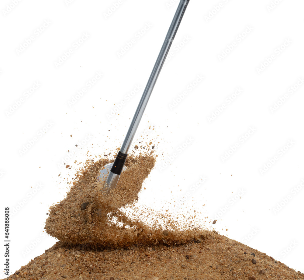 Golf ball explode from sand bunker. Golfer hit ball with club to sand ...