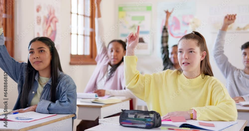 Hands raised, students and question in classroom, learning and study in ...