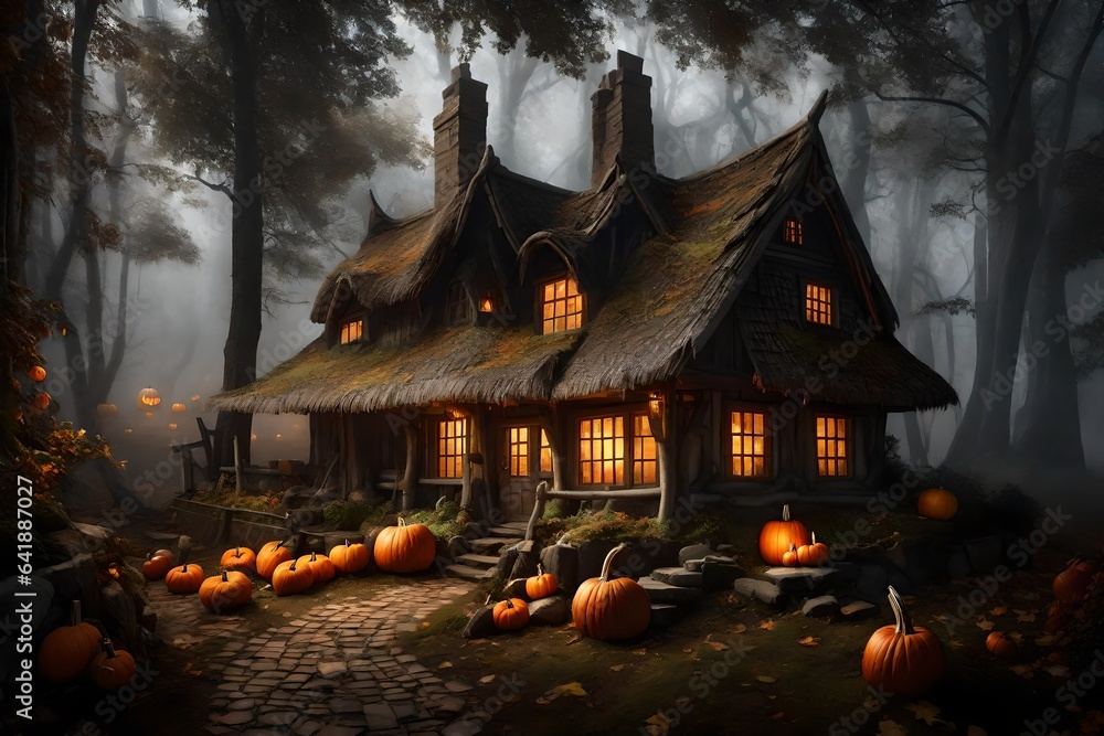 A charming Halloween cottage nestled amidst a fog-covered forest, with ...