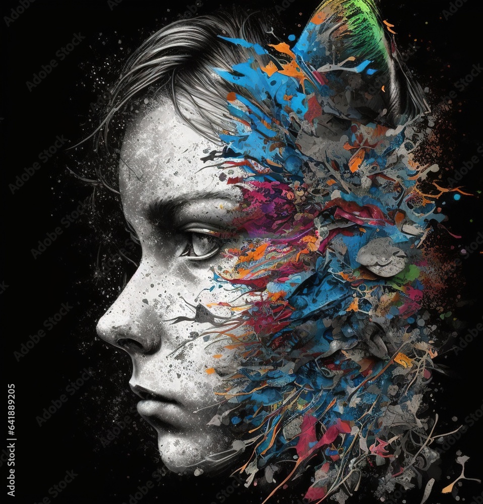 Beautiful art portrait of a young chimera woman in profile with cat's ...