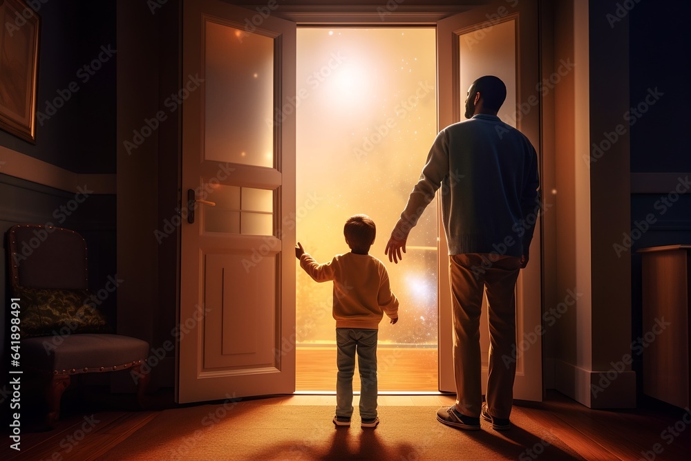 Father opens the door for his son, generative ai metaphorical image of ...