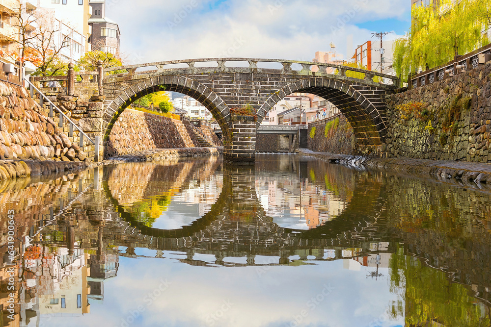 Nagasaki, Japan - Nov 29 2022: Meganebashi Bridge is the most ...